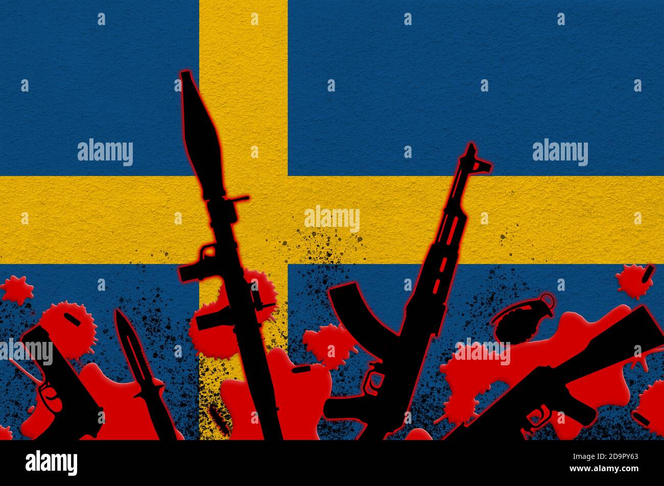Sweden flag and various weapons in red blood. Concept for terror attack ...
