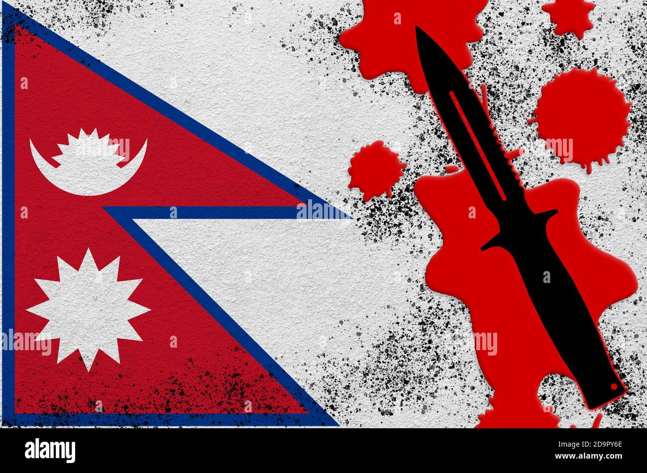 Nepal flag and black tactical knife in red blood. Concept for terror attack or military ...