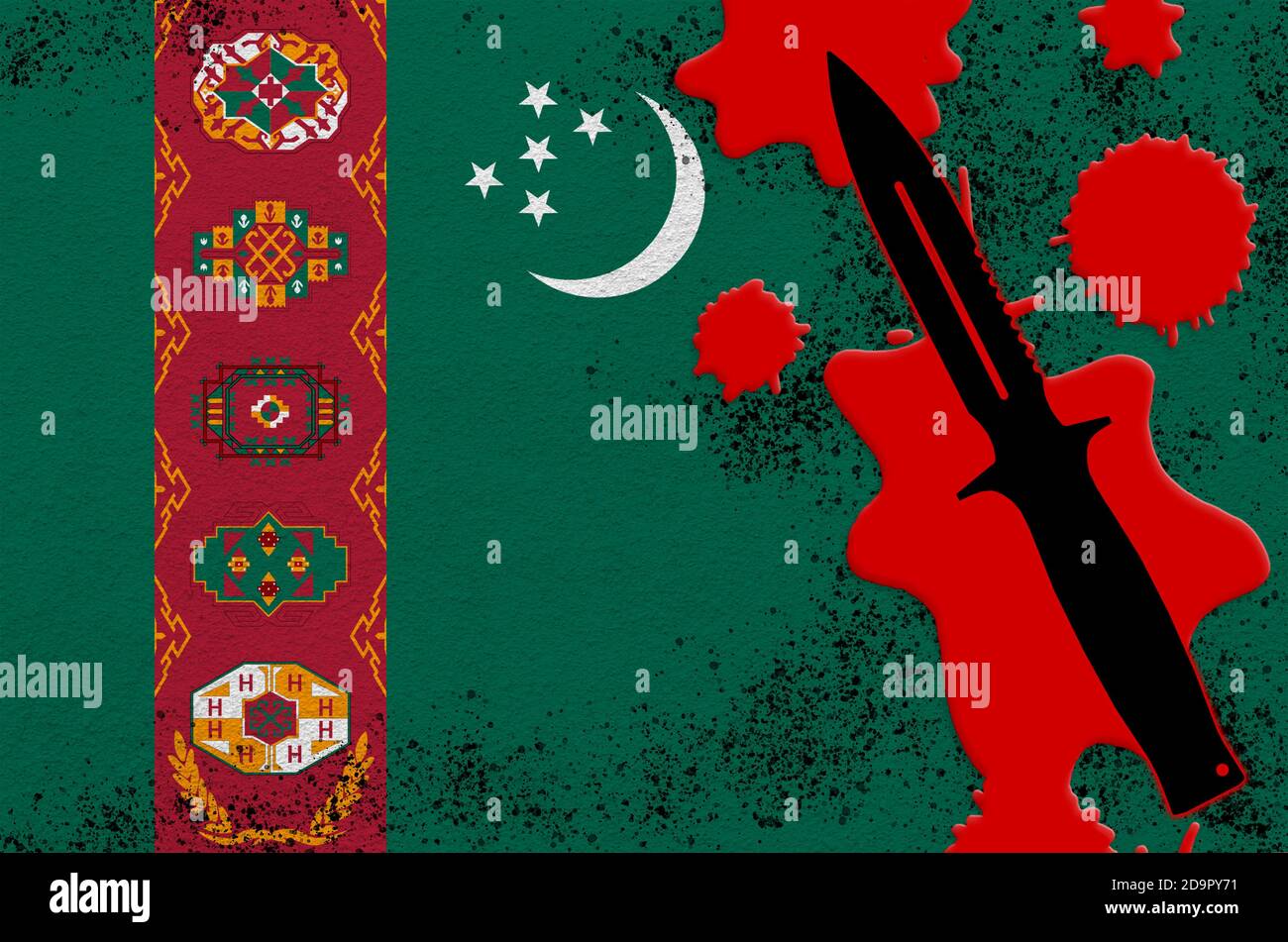 Turkmenistan flag and black tactical knife in red blood. Concept for ...
