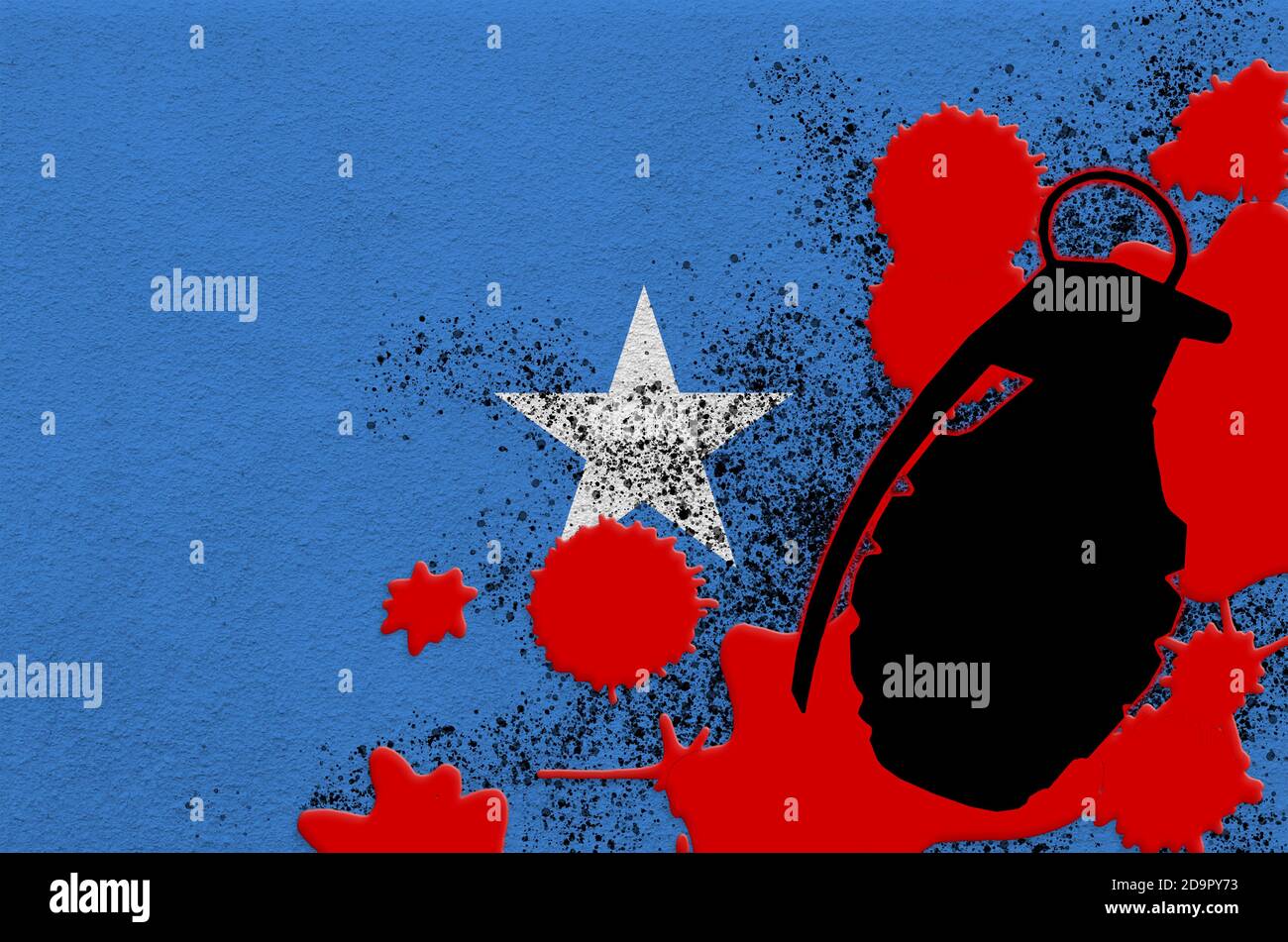 Somalia flag and MK2 frag grenade in red blood. Concept for terror ...