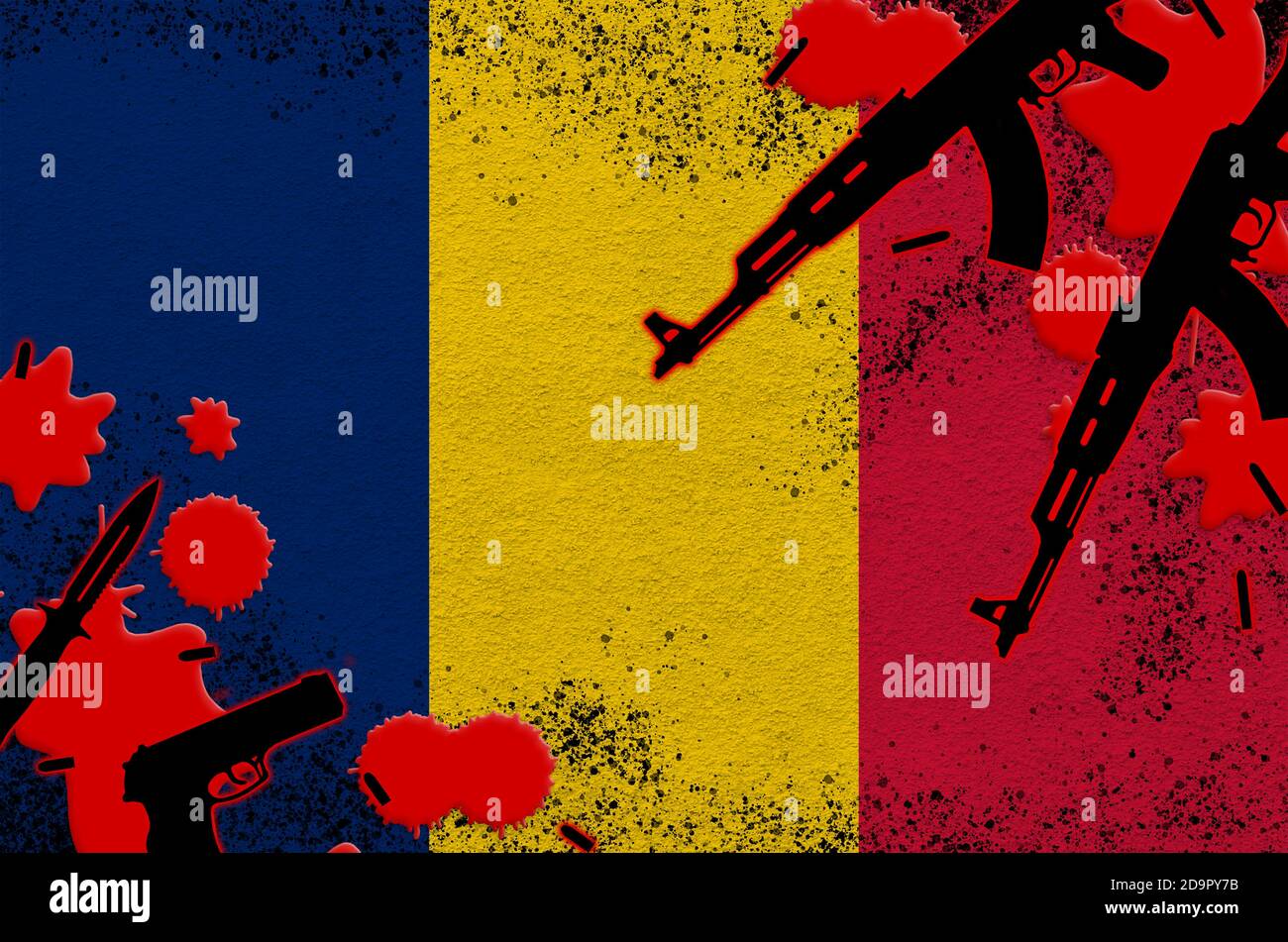 Chad flag and guns in red blood. Concept for terror attack and military ...