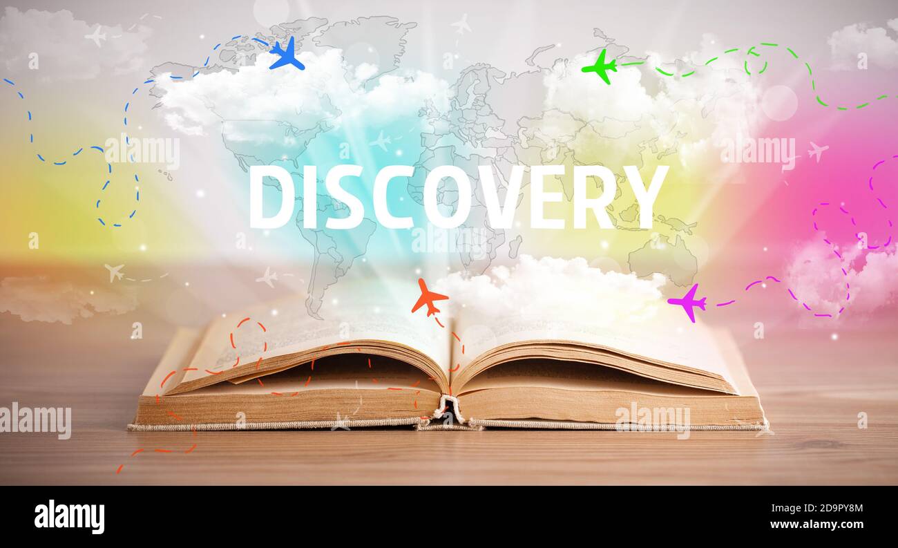 Open book with DISCOVERY inscription, vacation concept Stock Photo - Alamy