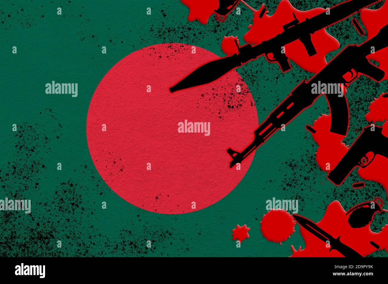 Bangladesh flag and various weapons in red blood. Concept for terror ...