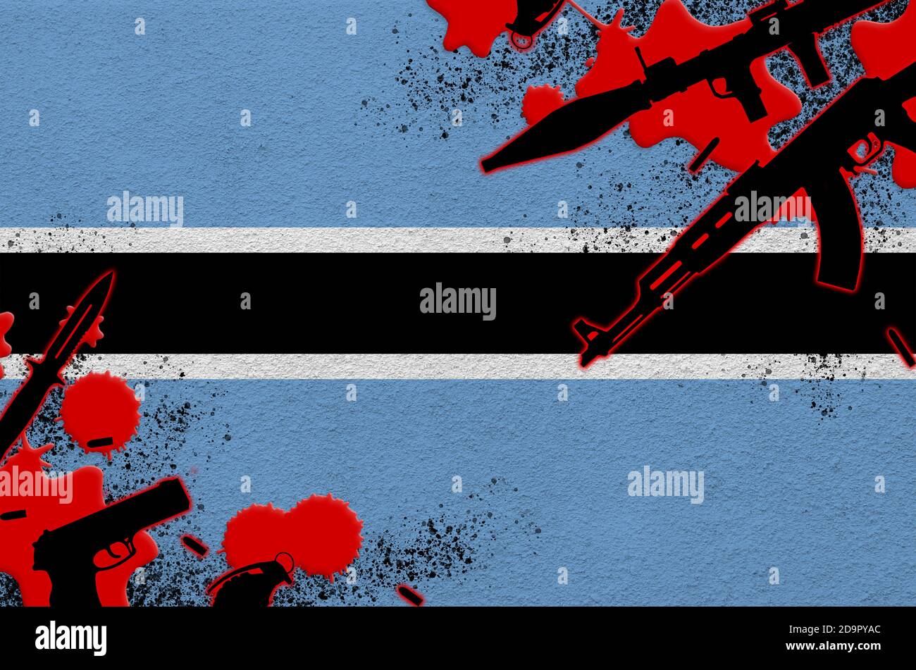 Botswana flag and various weapons in red blood. Concept for terror ...