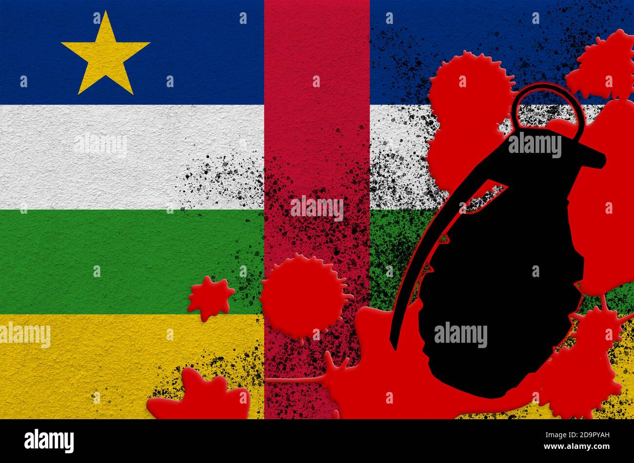 Central African Republic flag and MK2 frag grenade in red blood ...