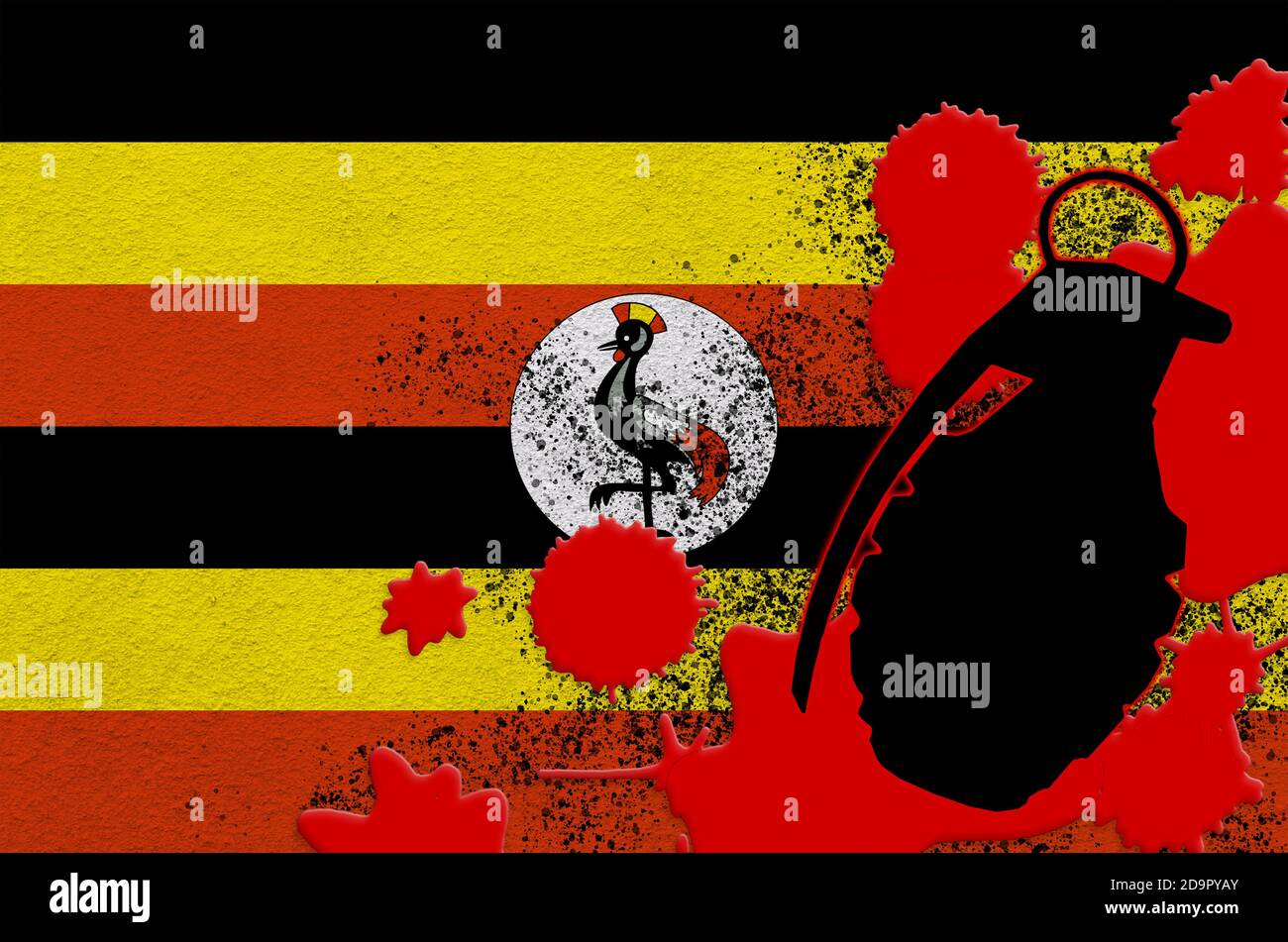 Uganda flag and MK2 frag grenade in red blood. Concept for terror ...