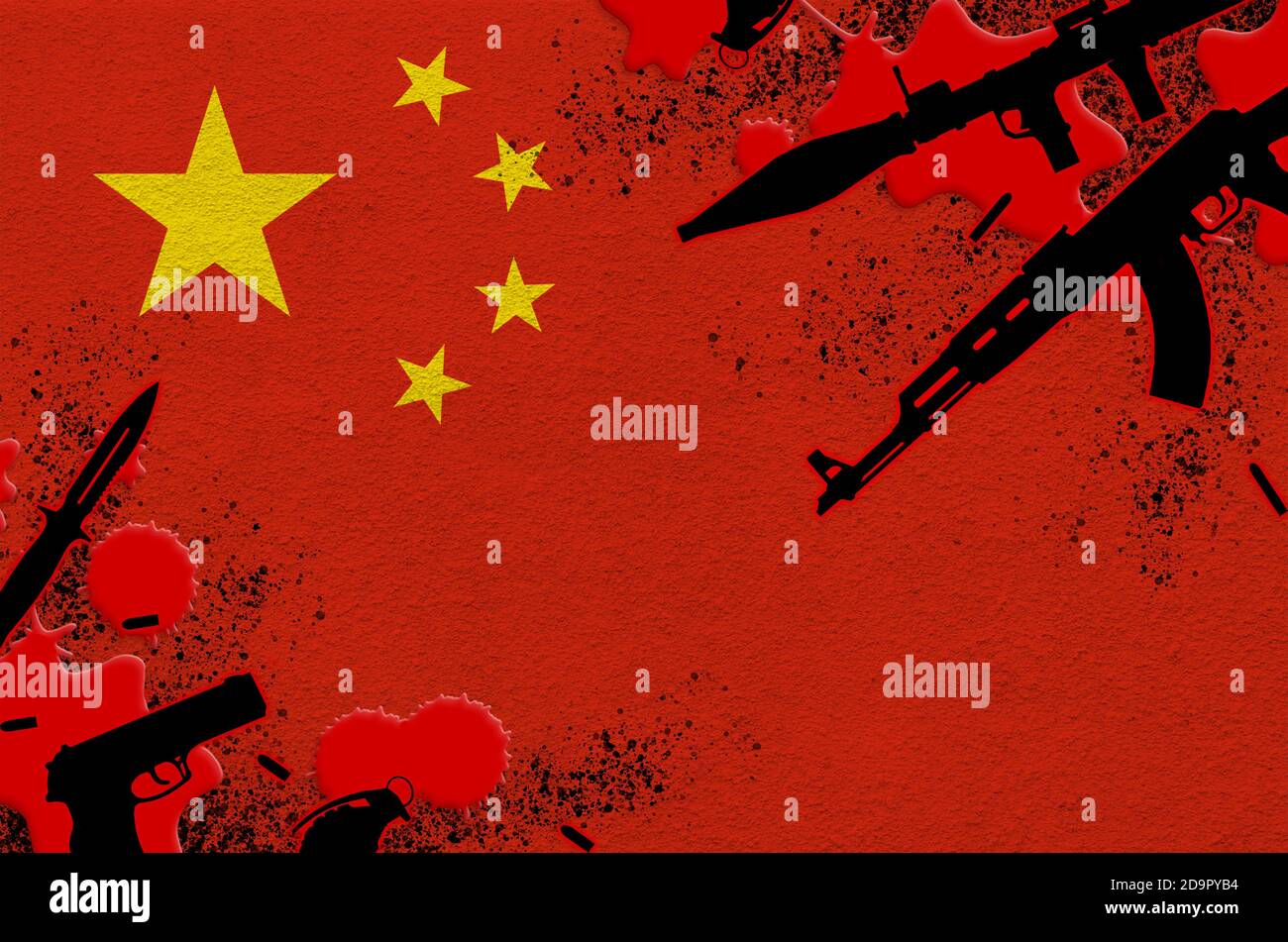 China flag and various weapons in red blood. Concept for terror attack ...