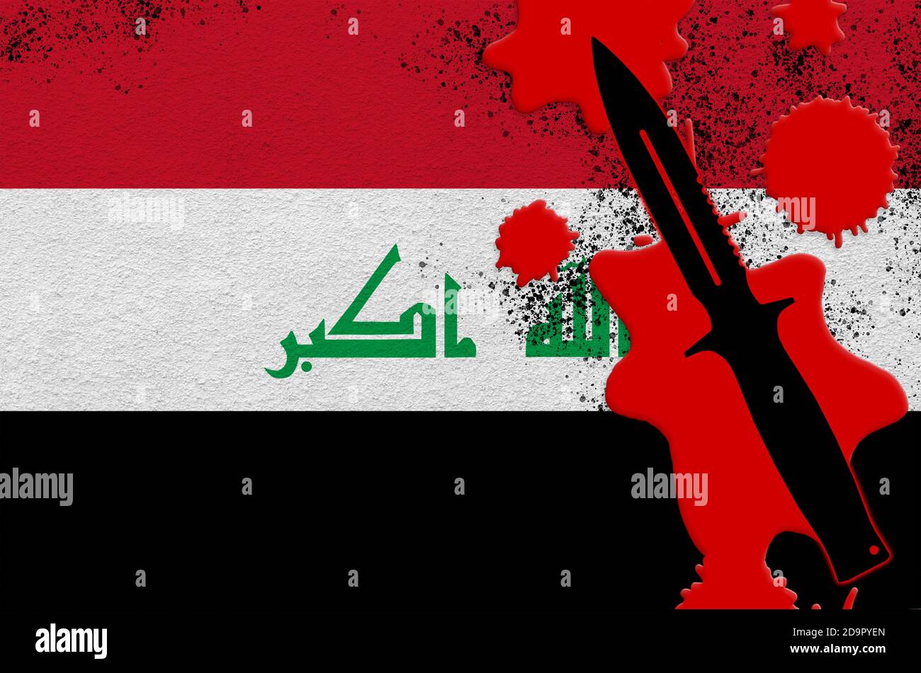 Iraq flag and black tactical knife in red blood. Concept for terror ...