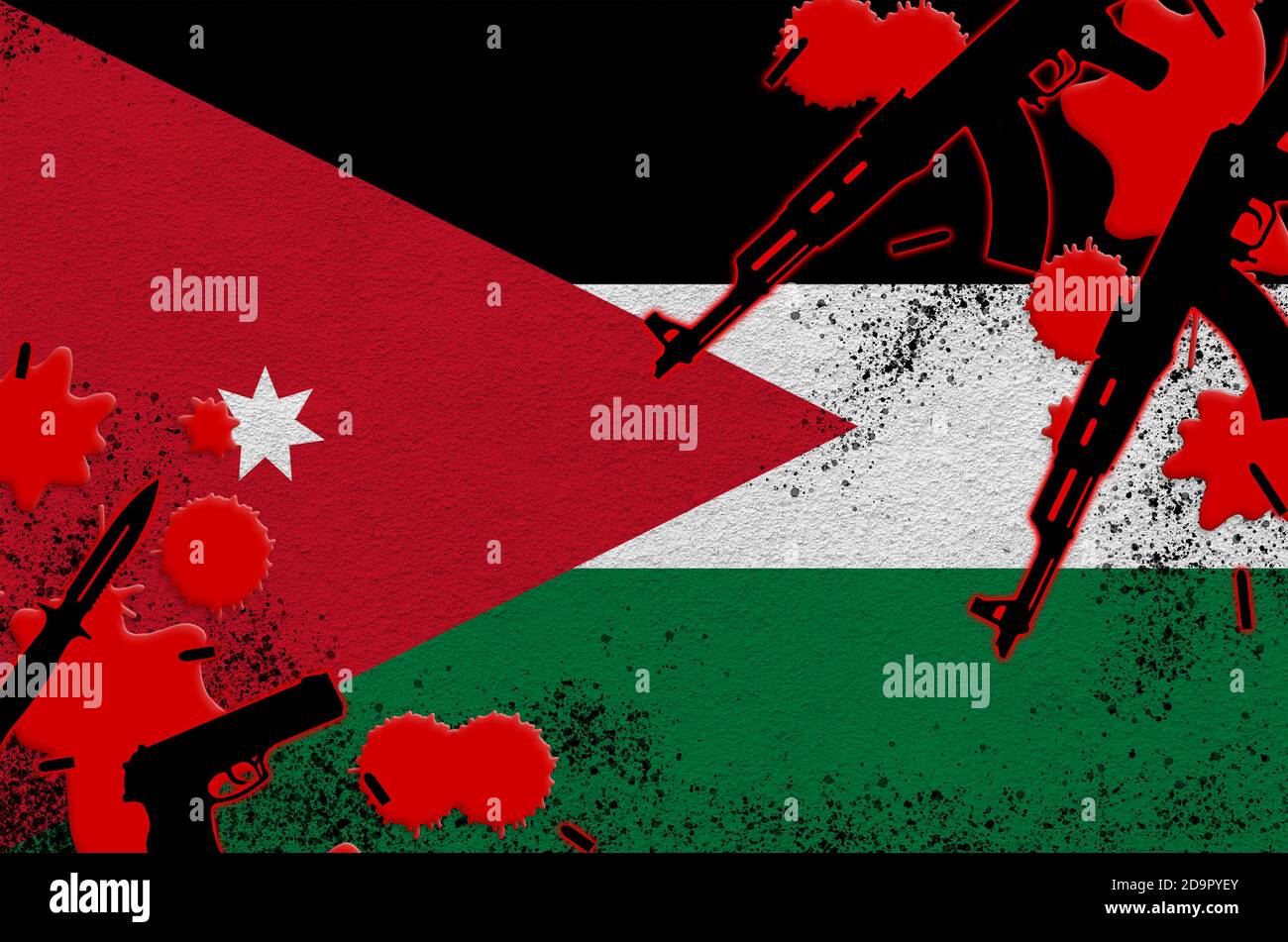 Jordan flag and guns in red blood. Concept for terror attack and ...