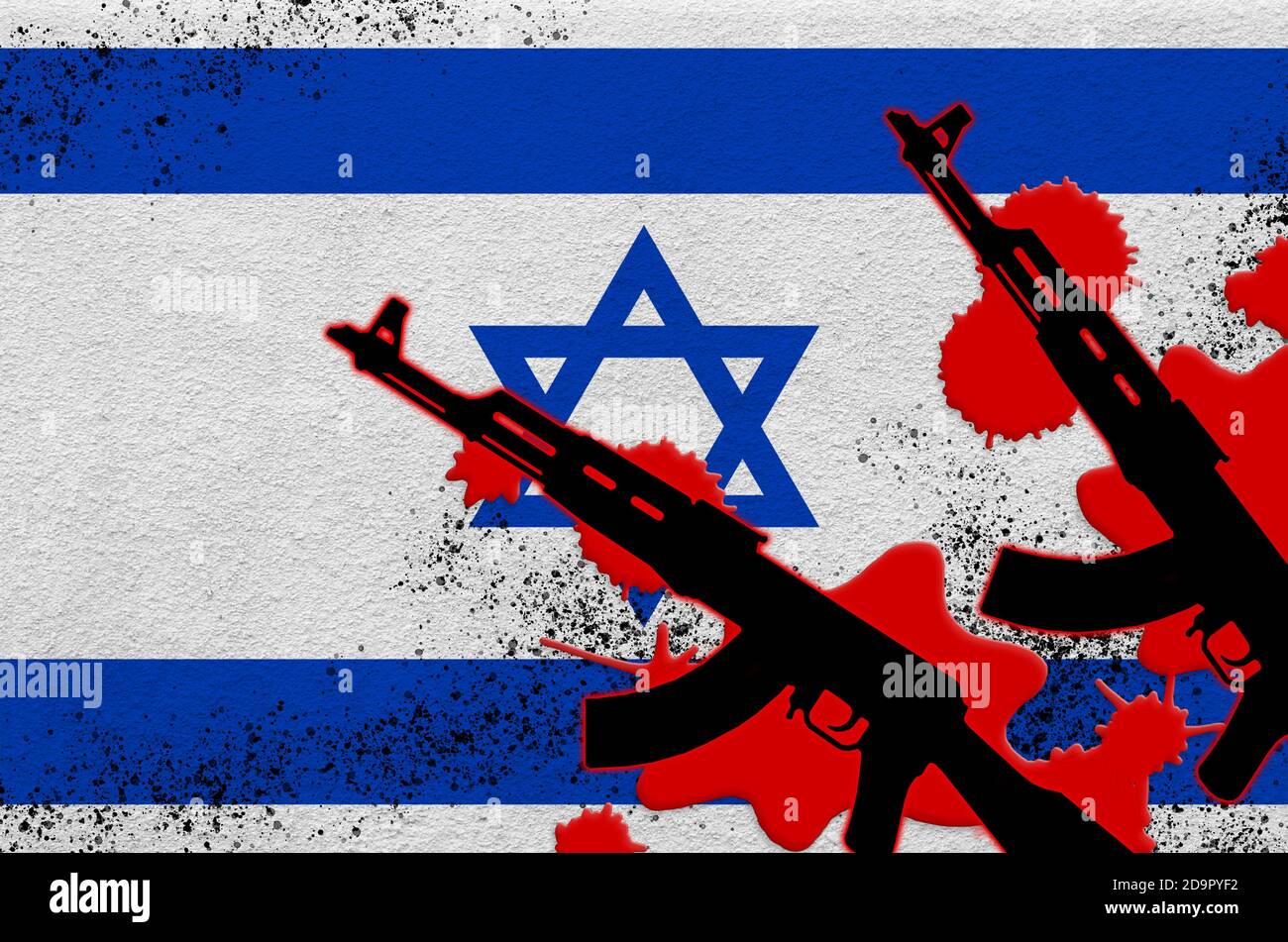 Israel flag and two black AK-47 rifles in red blood. Concept for terror ...