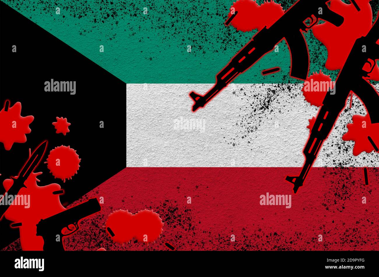 Kuwait flag and guns in red blood. Concept for terror attack and ...