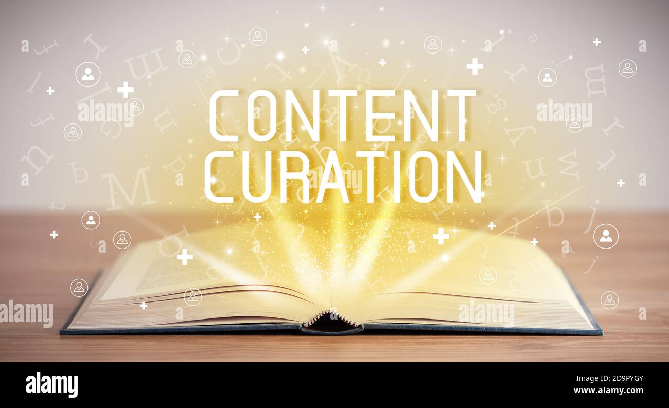 Open book with CONTENT CURATION inscription, social media concept Stock ...