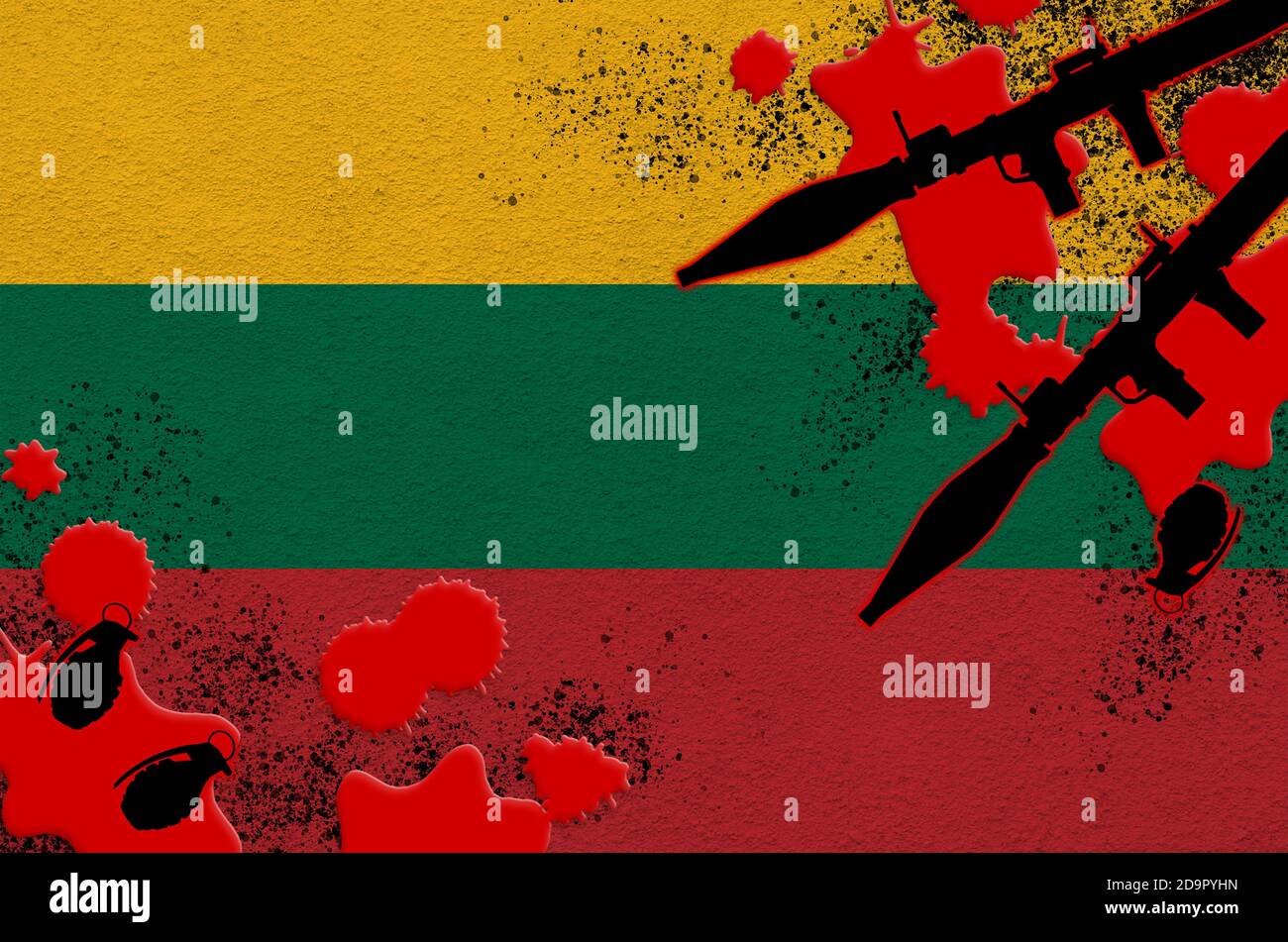 Lithuania flag and rocket launchers with grenades in blood. Concept for ...