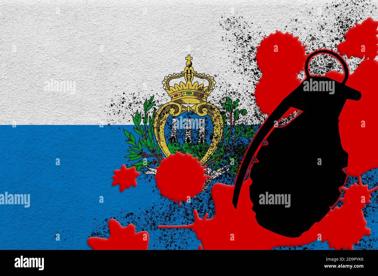 San Marino flag and MK2 frag grenade in red blood. Concept for terror ...