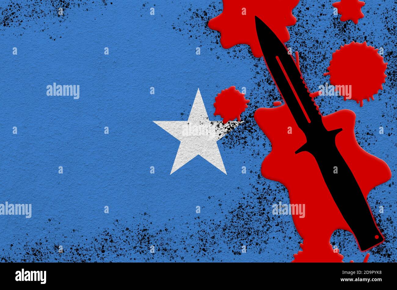 Somalia flag and black tactical knife in red blood. Concept for terror ...