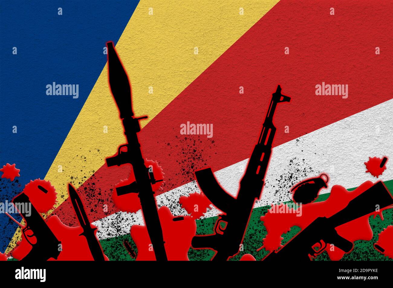 Seychelles flag and various weapons in red blood. Concept for terror ...