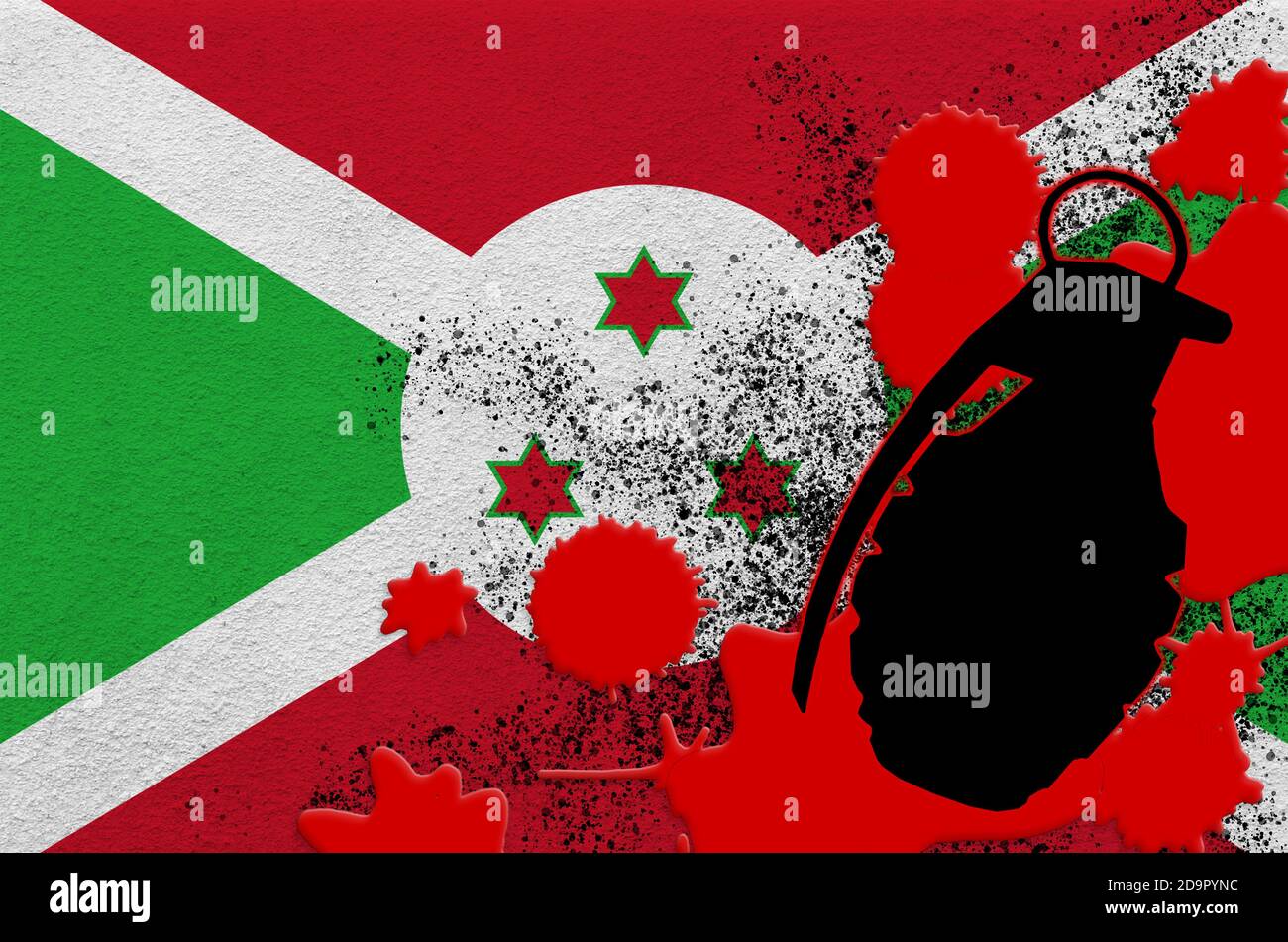 Burundi flag and MK2 frag grenade in red blood. Concept for terror ...