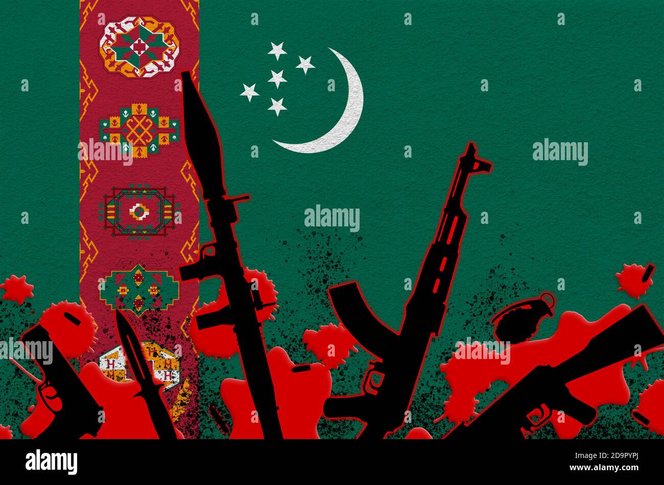 Turkmenistan flag and various weapons in red blood. Concept for terror ...