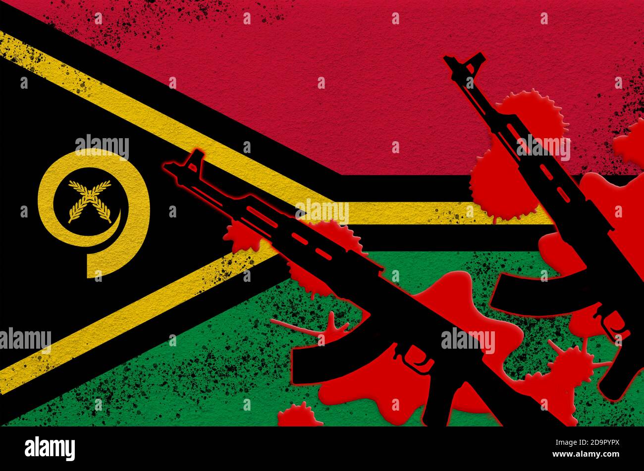 Vanuatu flag and two black AK-47 rifles in red blood. Concept for ...