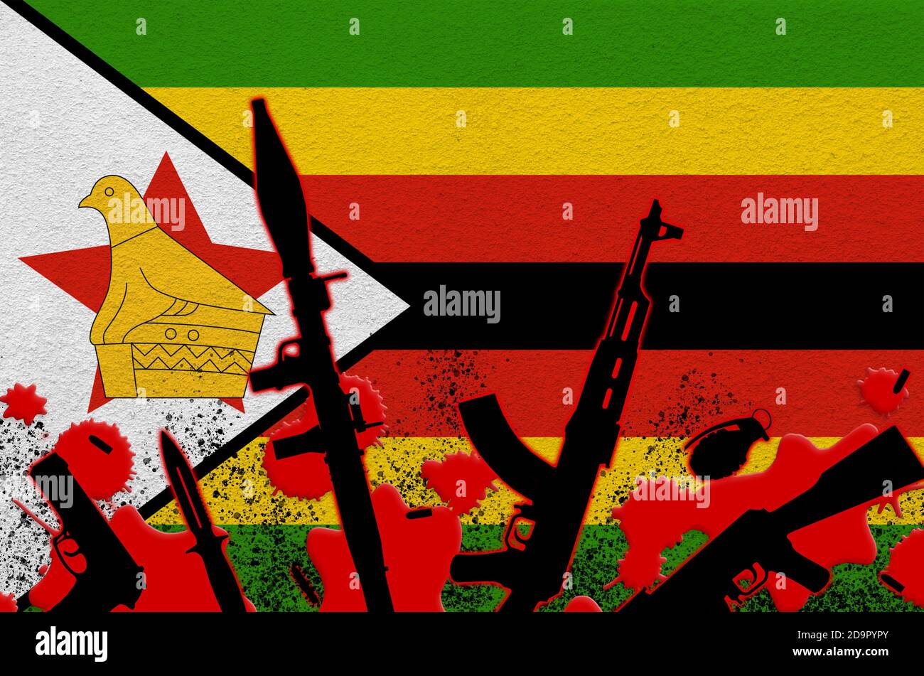 Zimbabwe flag and various weapons in red blood. Concept for terror ...
