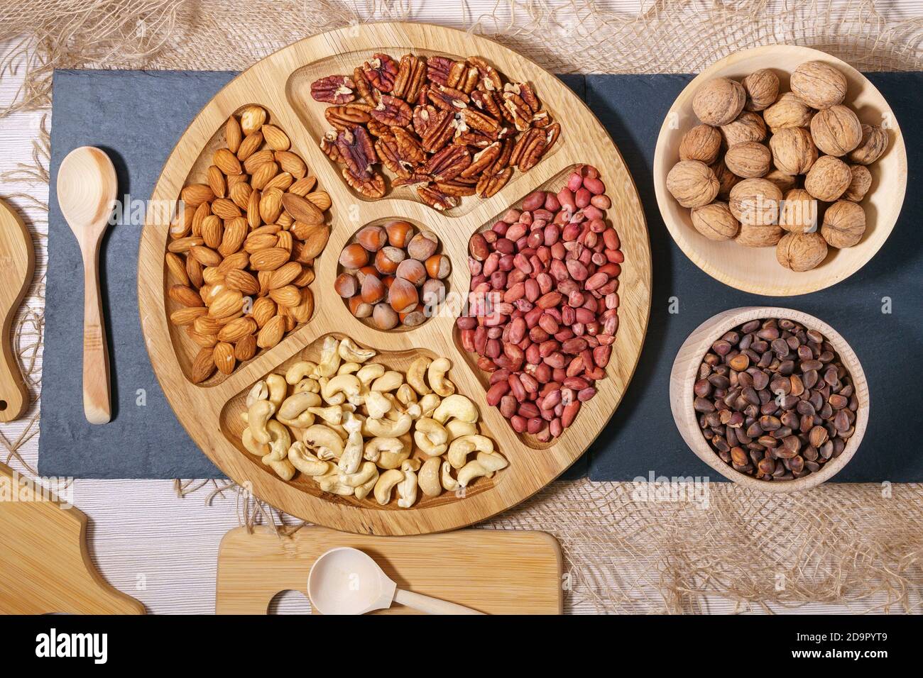 Mix of nuts top view. Walnuts, cashew, almond, pecan, hazelnut, peanuts ...
