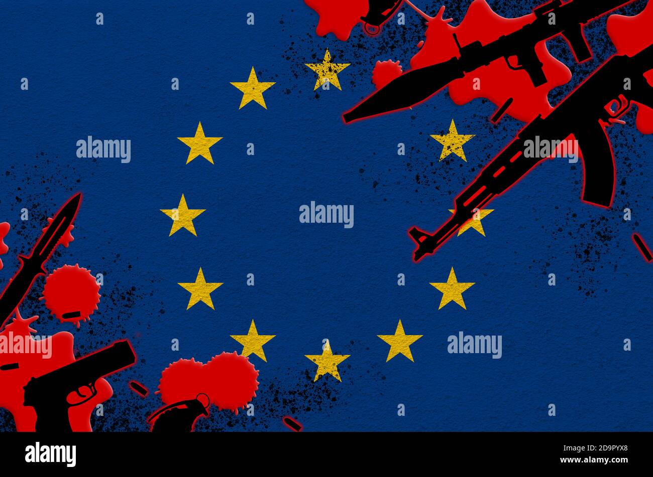 European union flag and various weapons in red blood. Concept for ...
