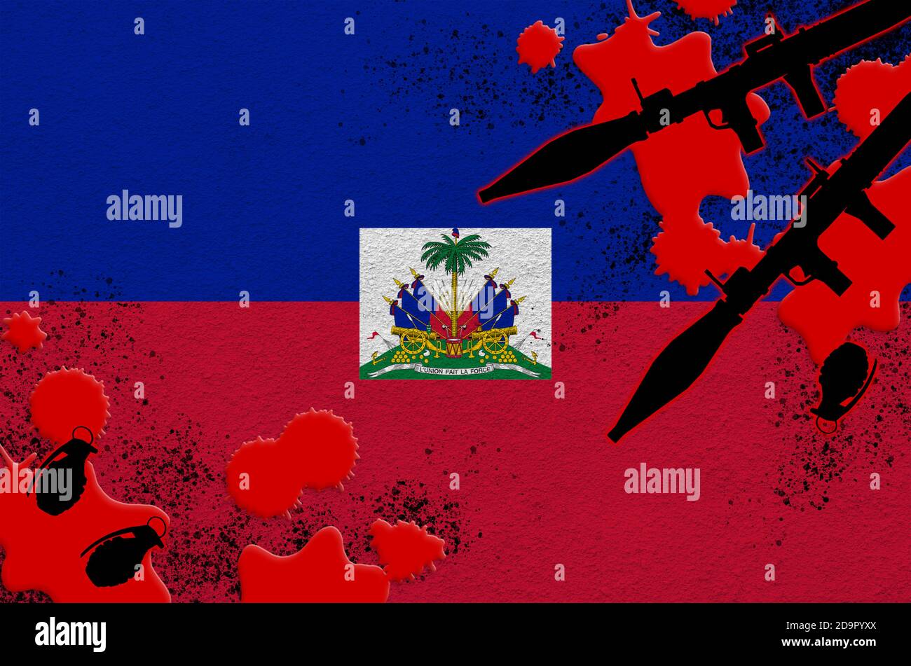 Haiti flag and rocket launchers with grenades in blood. Concept for ...