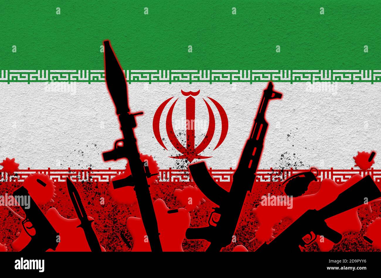 Iran flag and various weapons in red blood. Concept for terror attack ...