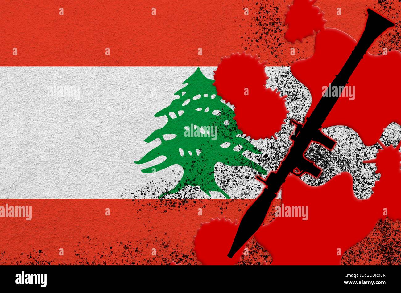 Lebanon flag and black RPG-7 rocket-propelled grenade launcher in red ...