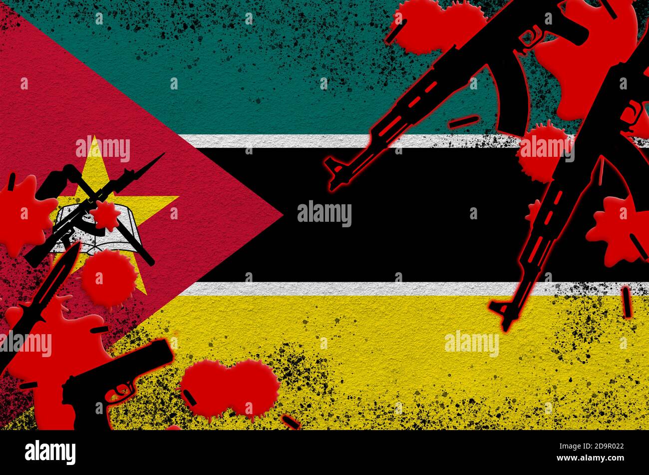Mozambique flag and guns in red blood. Concept for terror attack and ...