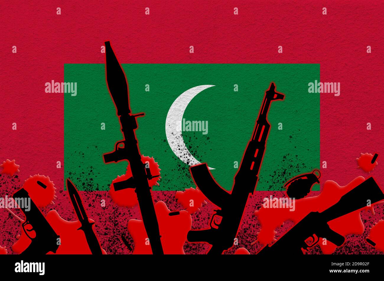 Maldives flag and various weapons in red blood. Concept for terror ...
