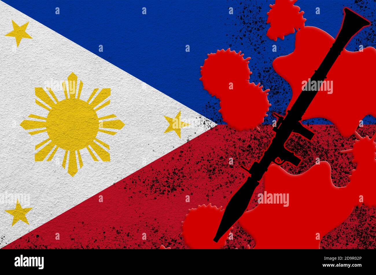 Philippines flag and black RPG-7 rocket-propelled grenade launcher in ...