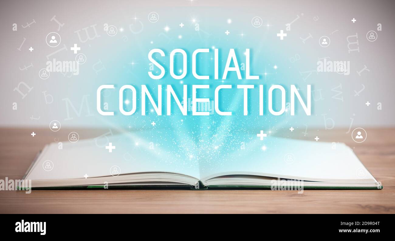 Open book with SOCIAL CONNECTION inscription, social media concept ...