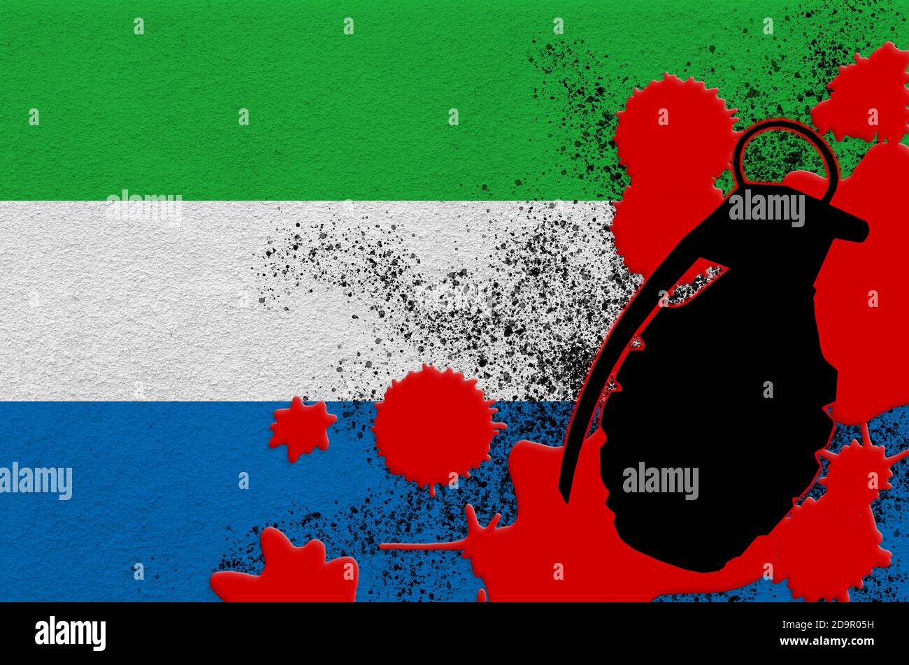 Sierra Leone flag and MK2 frag grenade in red blood. Concept for terror ...