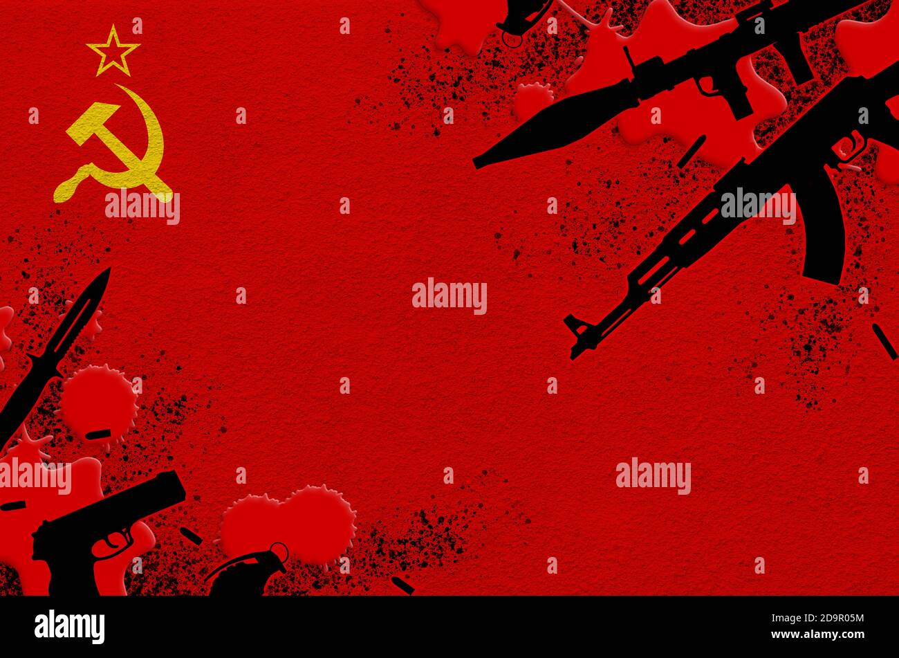 Soviet Union flag and various weapons in red blood. Concept for terror ...