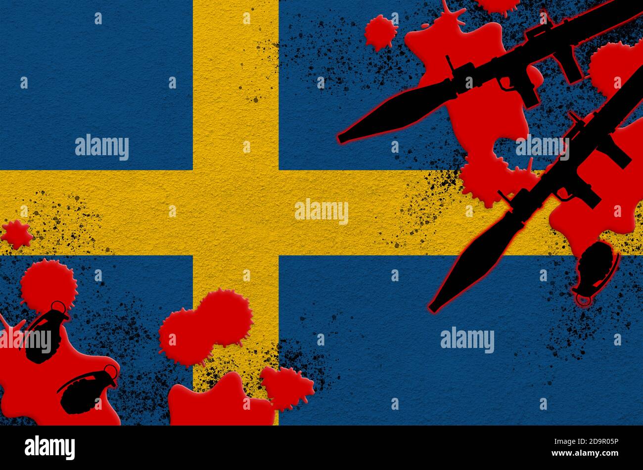 Sweden flag and rocket launchers with grenades in blood. Concept for ...