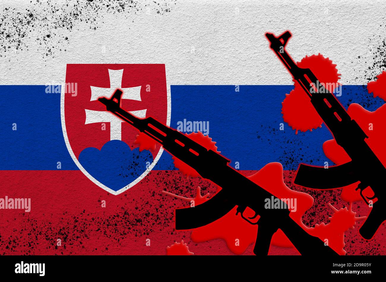 Slovakia flag and two black AK-47 rifles in red blood. Concept for ...