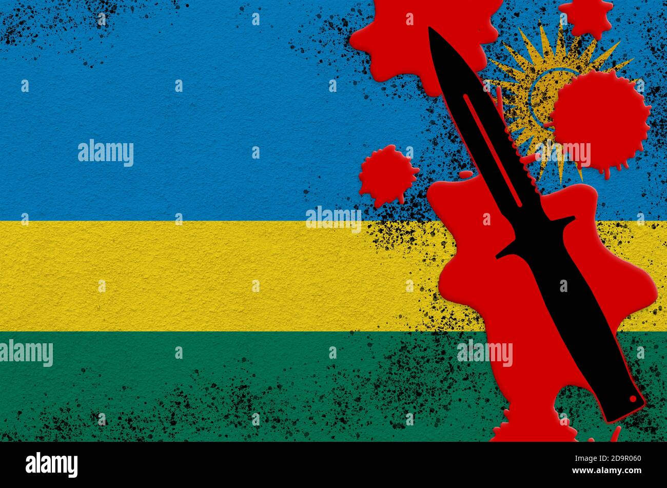 Rwanda flag and black tactical knife in red blood. Concept for terror ...