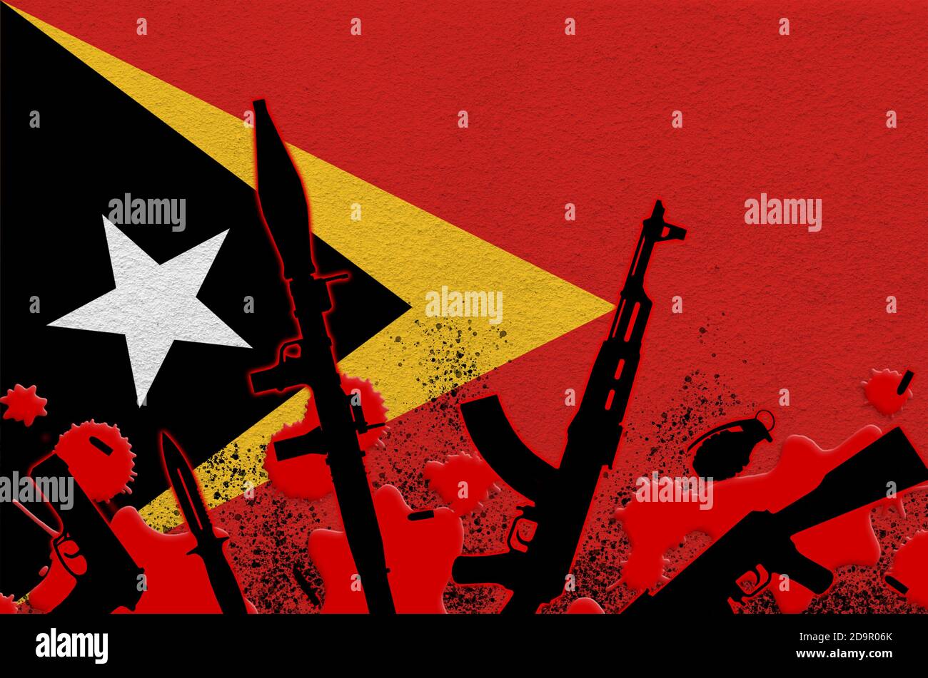 Timor Leste flag and various weapons in red blood. Concept for terror ...