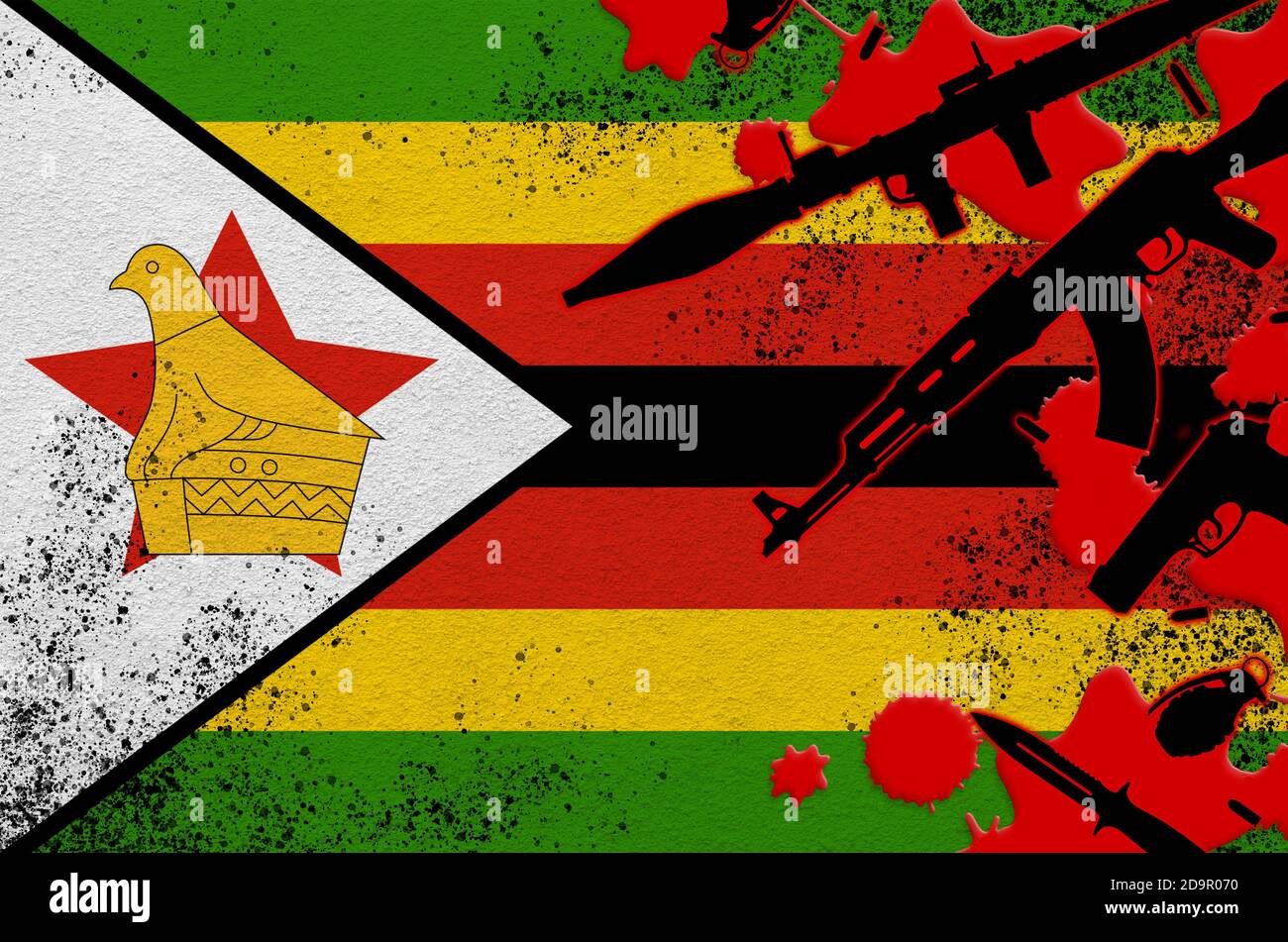 Zimbabwe flag and various weapons in red blood. Concept for terror ...