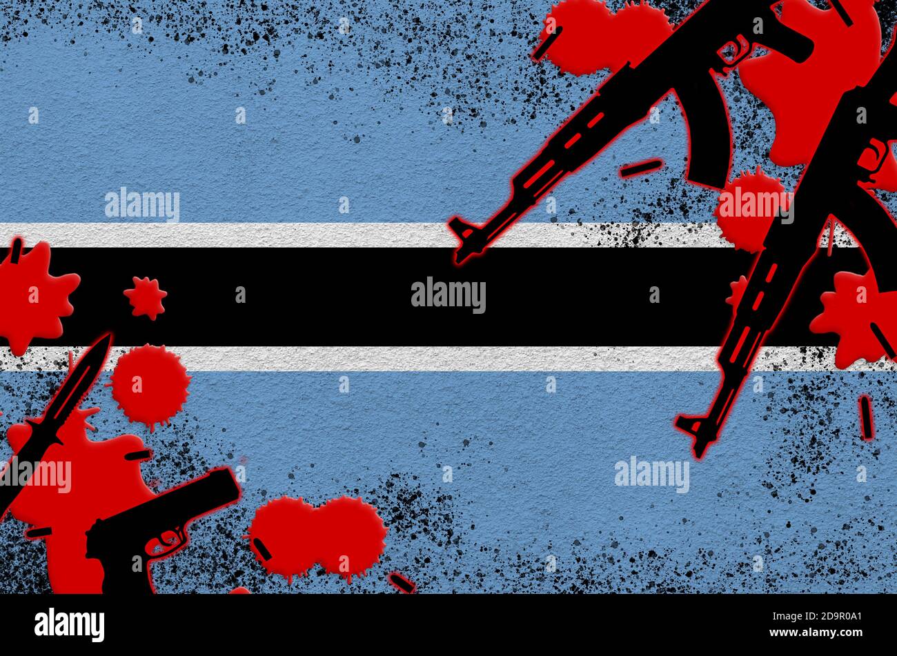 Botswana flag and guns in red blood. Concept for terror attack and ...