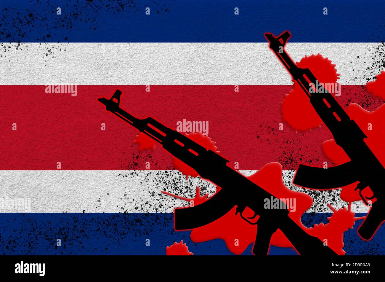 Costa Rica flag and two black AK-47 rifles in red blood. Concept for ...