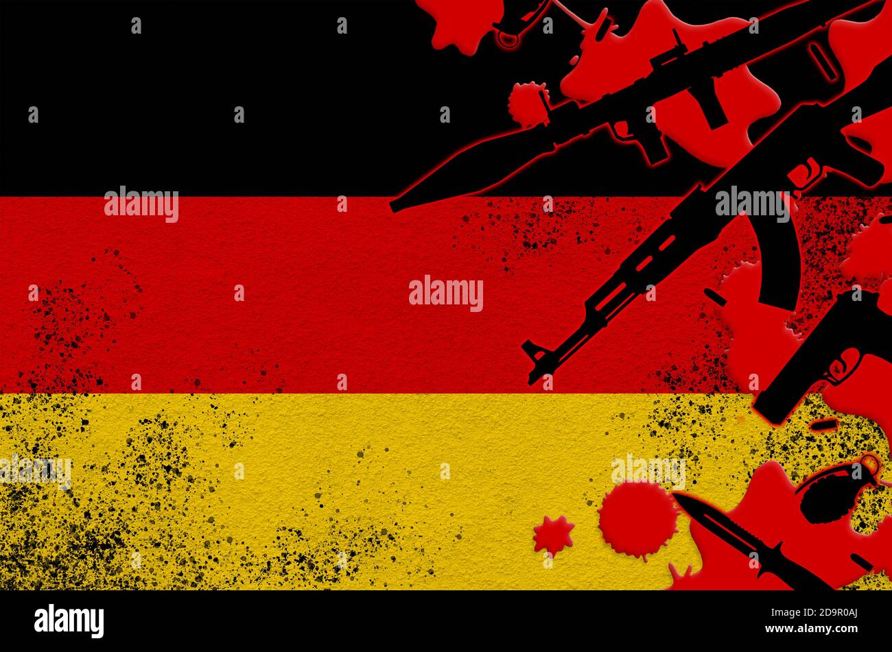 Germany flag and various weapons in red blood. Concept for terror ...