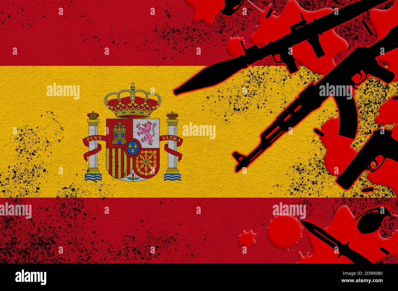 Spain flag and various weapons in red blood. Concept for terror attack ...