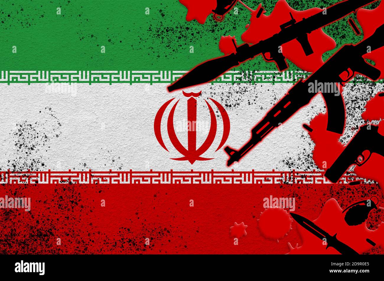 Iran flag and various weapons in red blood. Concept for terror attack ...