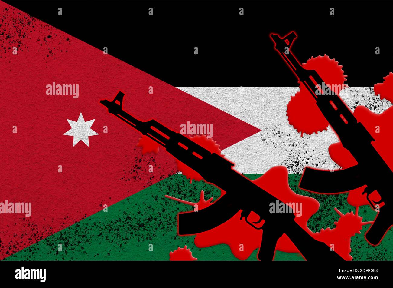 Jordan flag and two black AK-47 rifles in red blood. Concept for terror ...