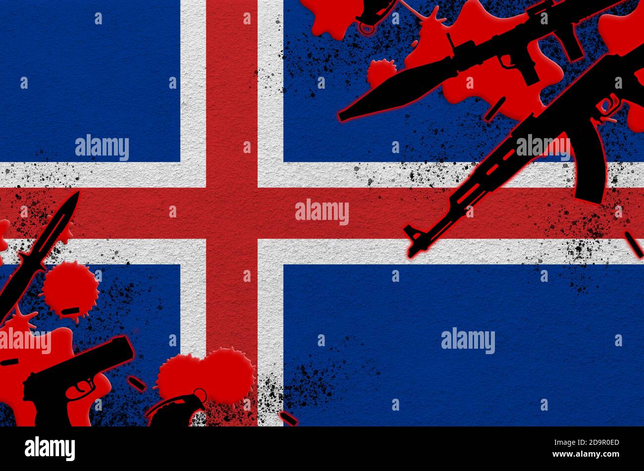 Iceland flag and various weapons in red blood. Concept for terror ...