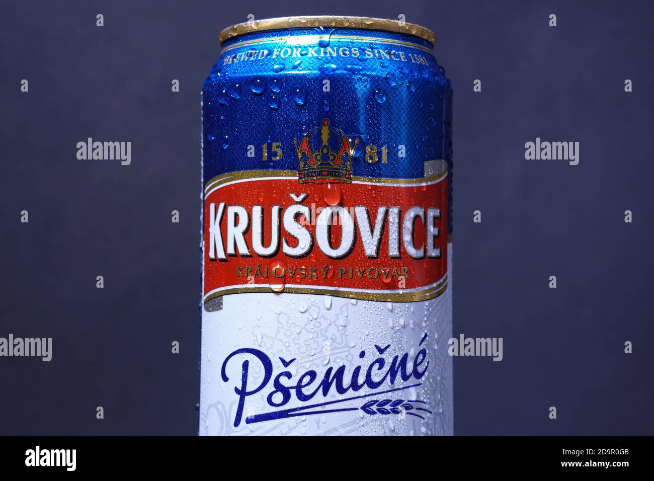 Tyumen, Russia-November 02, 2020: Krusovice logo close up of non ... Tyumen, Russia-November 02, 2020: Krusovice logo close up of non ...