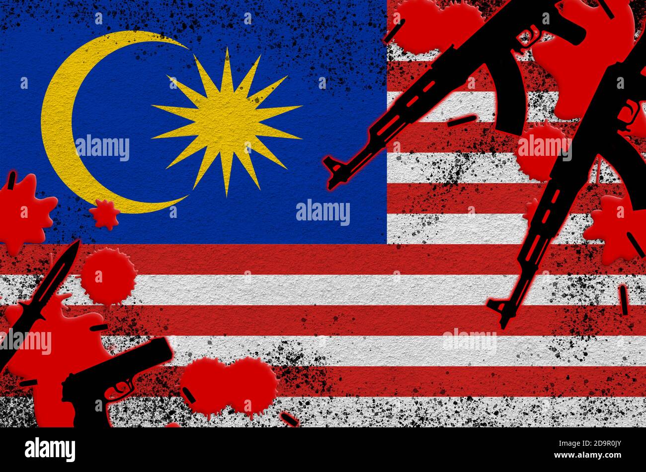 Malaysia flag and guns in red blood. Concept for terror attack and ...