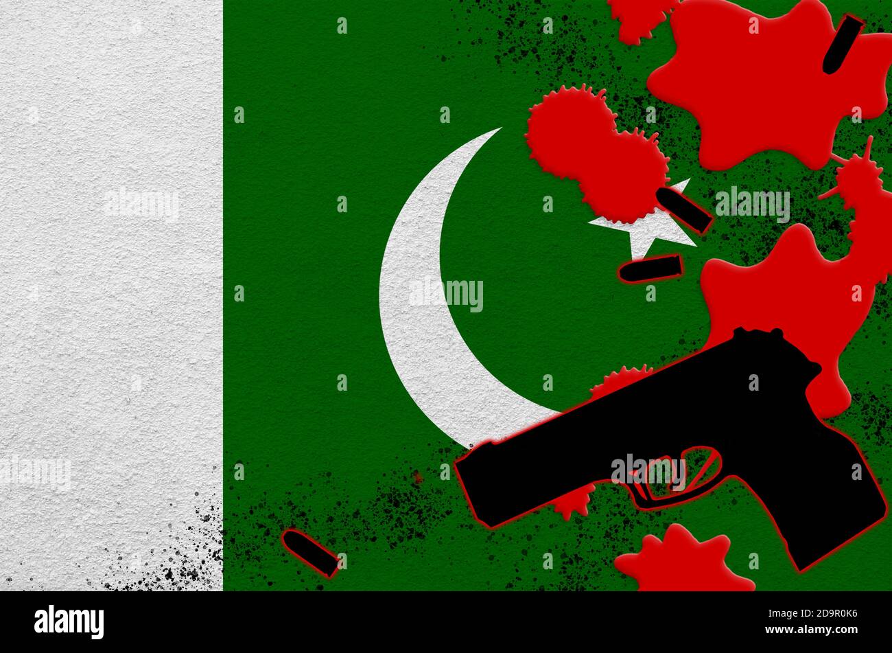 Pakistan flag and black firearm in red blood. Concept for terror attack ...
